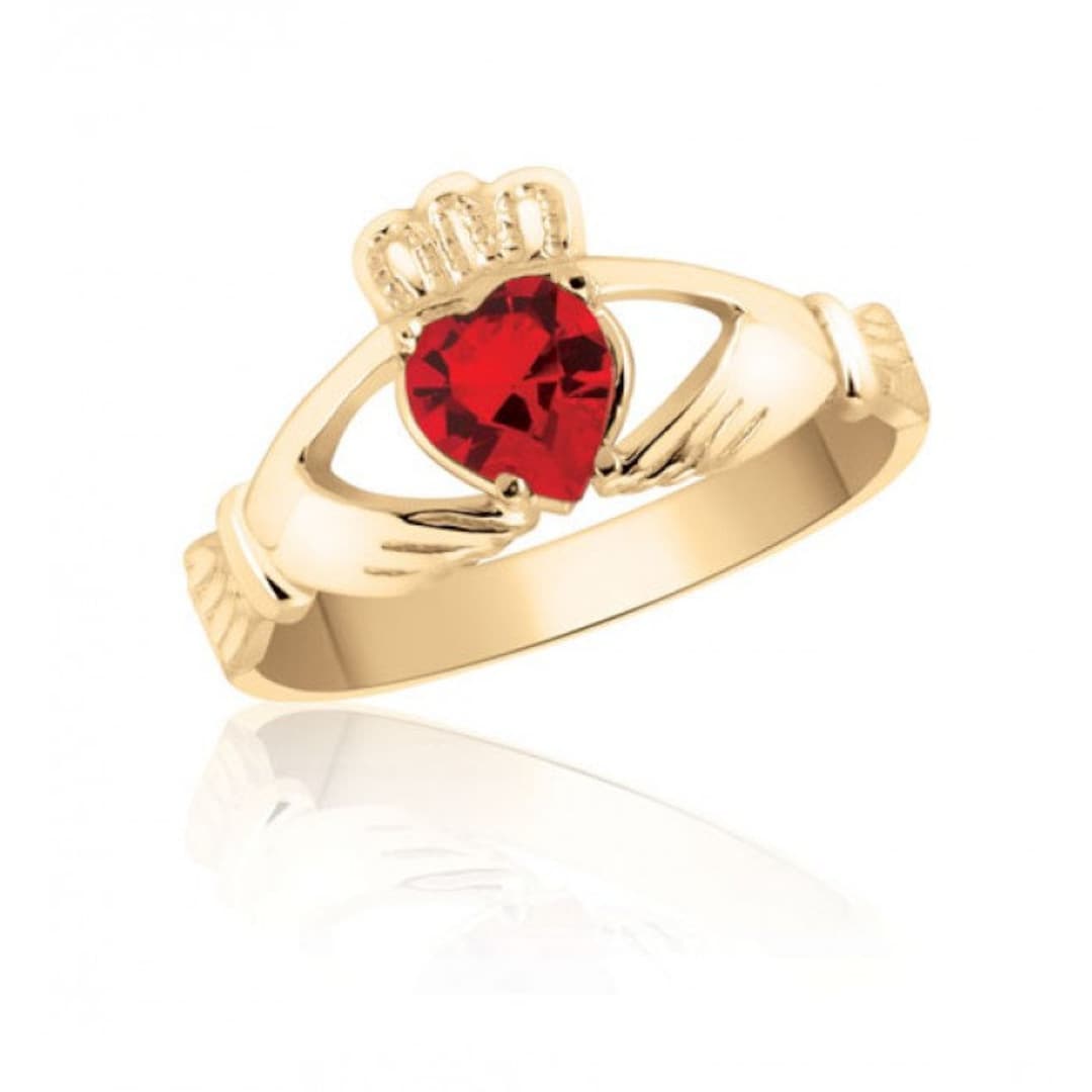 10K Yellow Gold Claddagh Ring With Red Heart Stone - Etsy