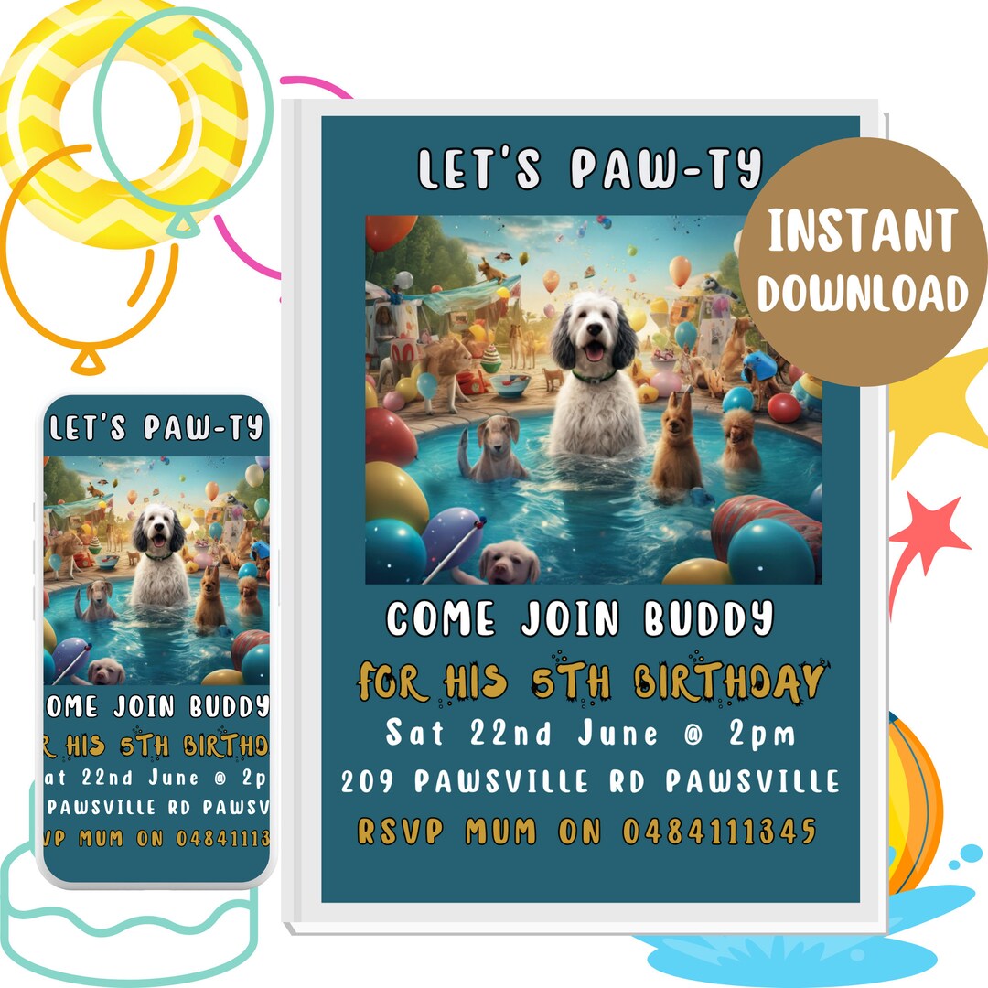Dog Pool Party Invitation Canva INSTANT DOWNLOAD Editable Printable ...