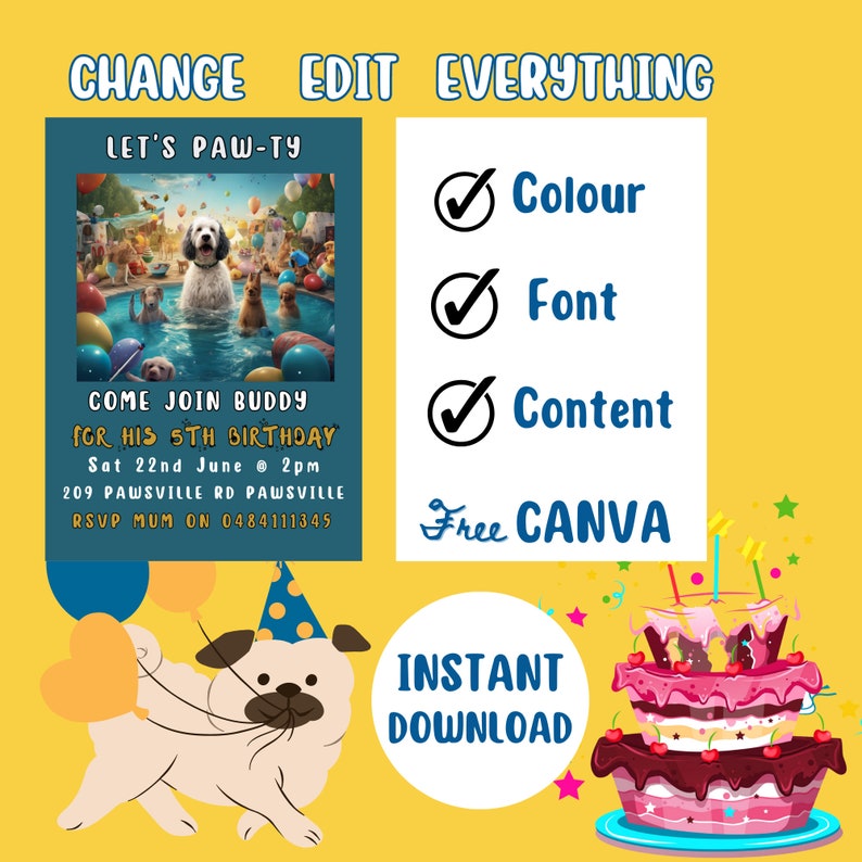 Dog Pool Party Invitation Canva INSTANT DOWNLOAD Editable - Etsy Australia