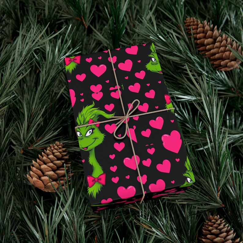 Wrapping Paper, Grinch Cute Pink Hearts Gift Wrap, Holiday Christmas ...