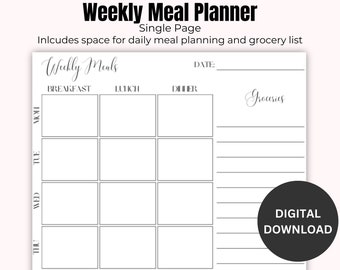 Weekly Meal Planner Printable Grocery List and Meal Planner - Etsy