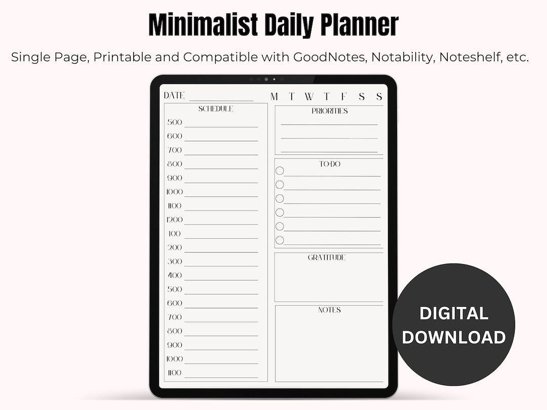 Minimalist Daily Planner, Single Page, Printable Daily Planner ...
