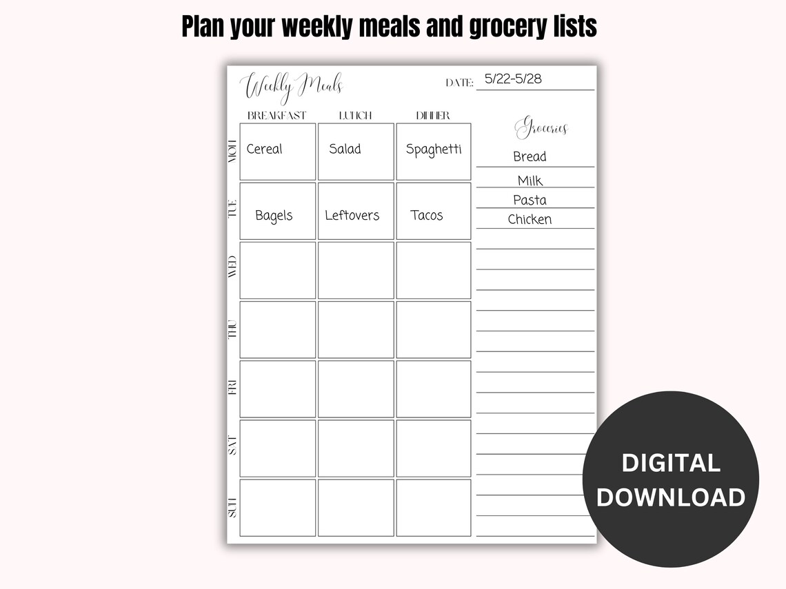 Weekly Meal Planner Printable Grocery List and Meal Planner - Etsy