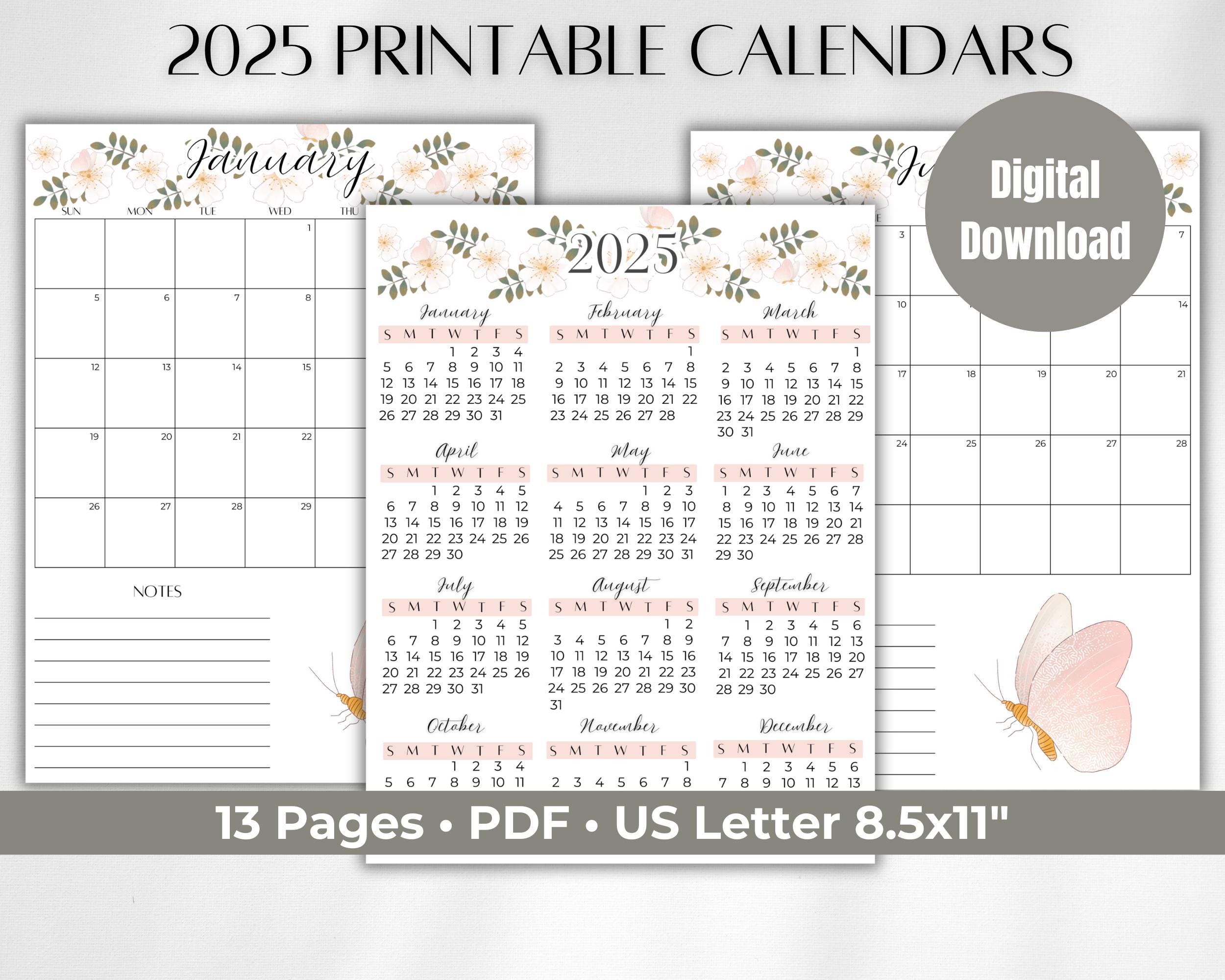 2025 Printable Calendar Pack, 2025 Year at a Glance & Dated Monthly ...