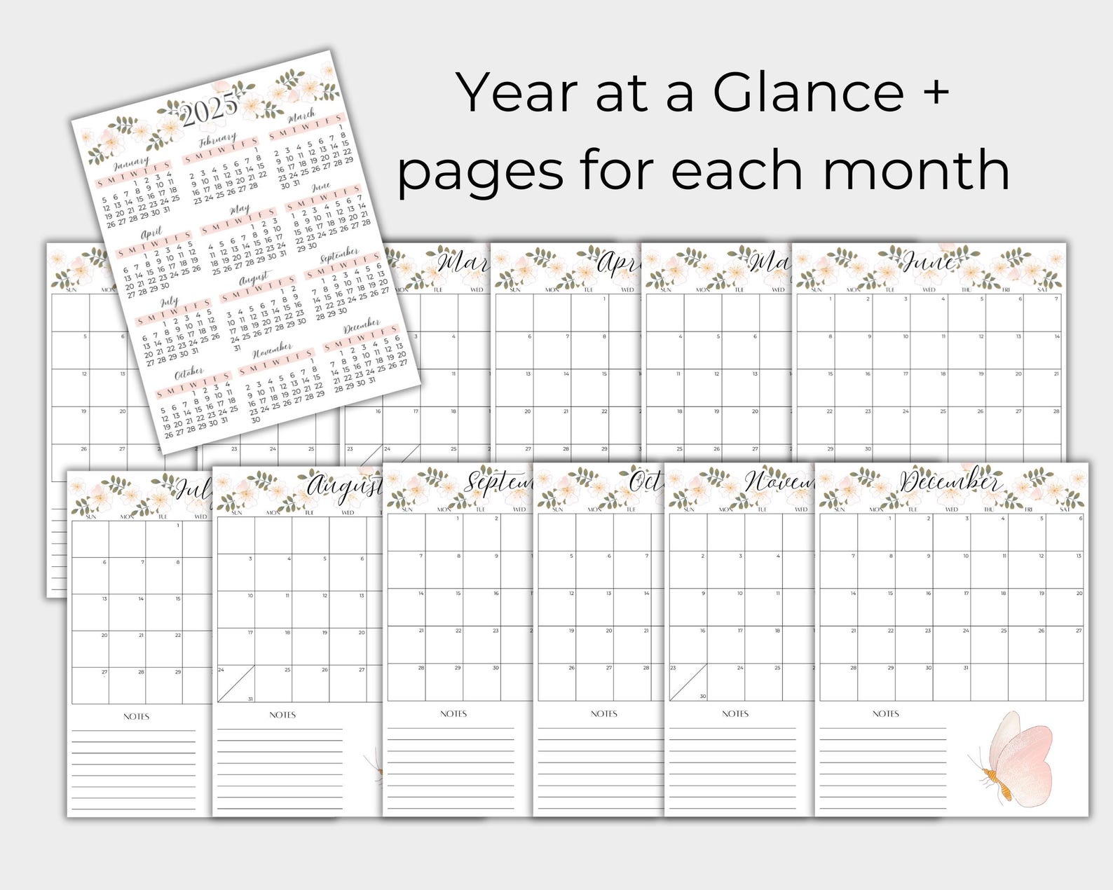 2025 Printable Calendar Pack, 2025 Year at a Glance & Dated Monthly ...