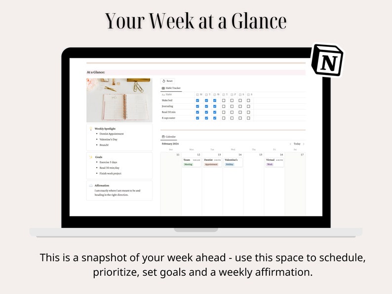 Notion Weekly Planner Template, Blush and Beige Aesthetic Weekly ...