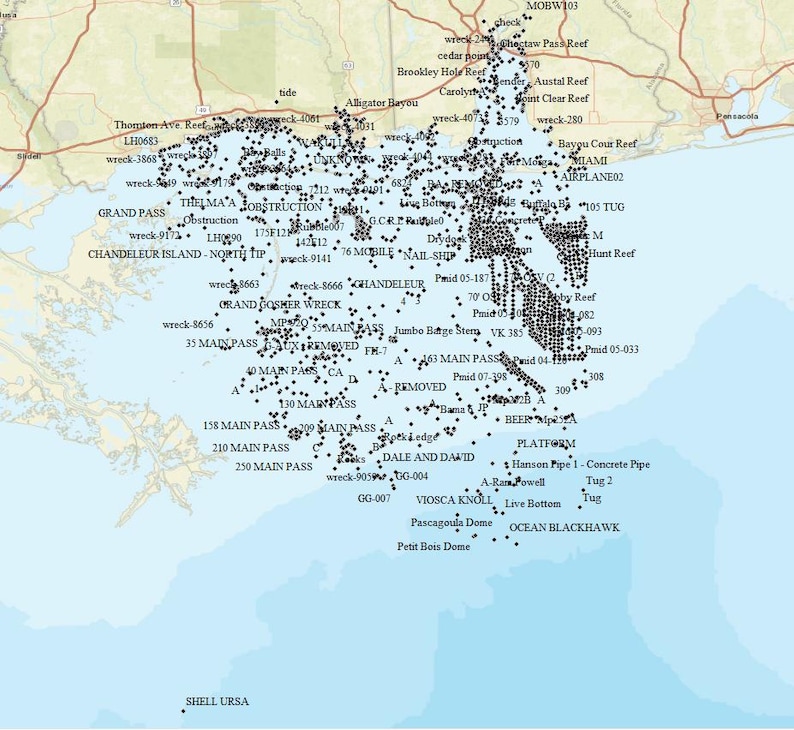 Gulf Shores to La. Offshore Hotspots Fishing Map - Garmin - Lowrance ...