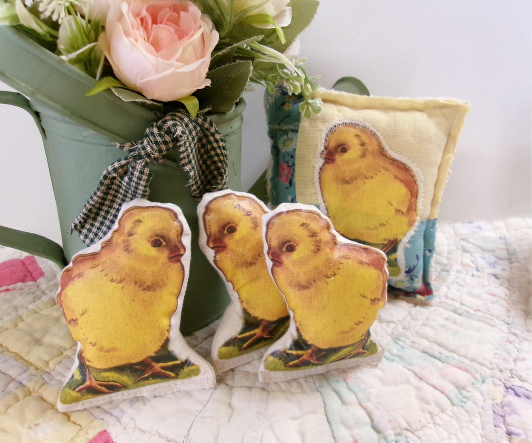 Vintage Quilt Chick Pillow & Three Little Chicks... Tuck, Shelf Sitter ...