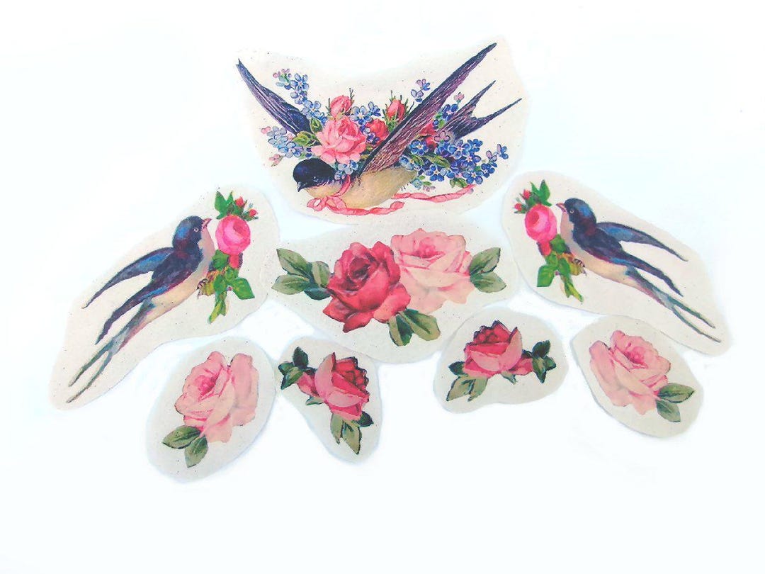 Vintage Bird & Roses Fabric Appliques: Sew-on Patches, DIY Set of 8 (B ...