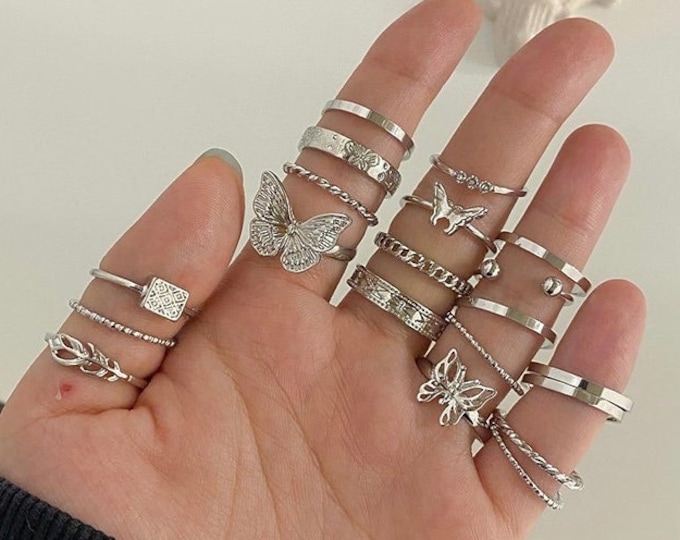 20pcs Silver Butterfly Round Rings Set Stackable Layer Rings, Silver ...