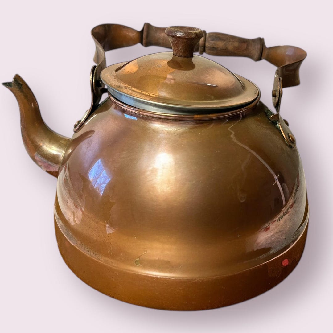 Vintage Copper Tea Kettle, Made in Portugal, Brass and Wood Handle, Old ...