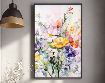 24 Watercolor Floral Bouquet Digital Print, Spring Flowers Wall Art ...
