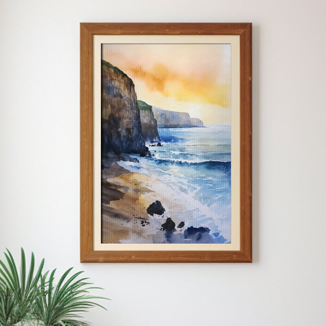 Sunset at the Cliffs Watercolor, Beach Life Art, Cliffs Painting for ...