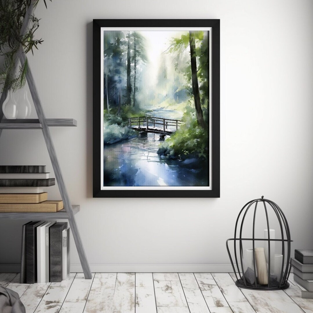 Bridge to the Forest Watercolor Painting, Wood Bridge Over Creek, Large ...
