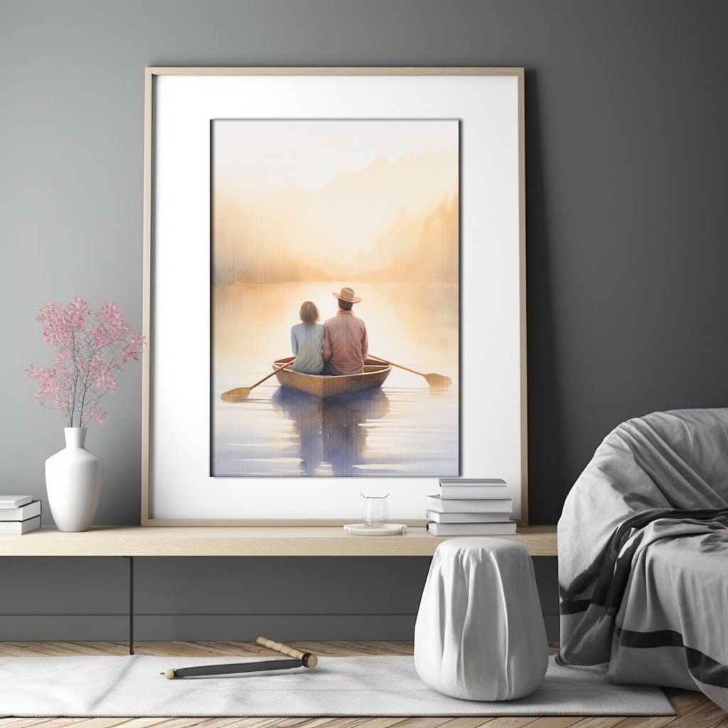 Romantic Canoe Watercolor Art Print, Painting for Anniversary and ...