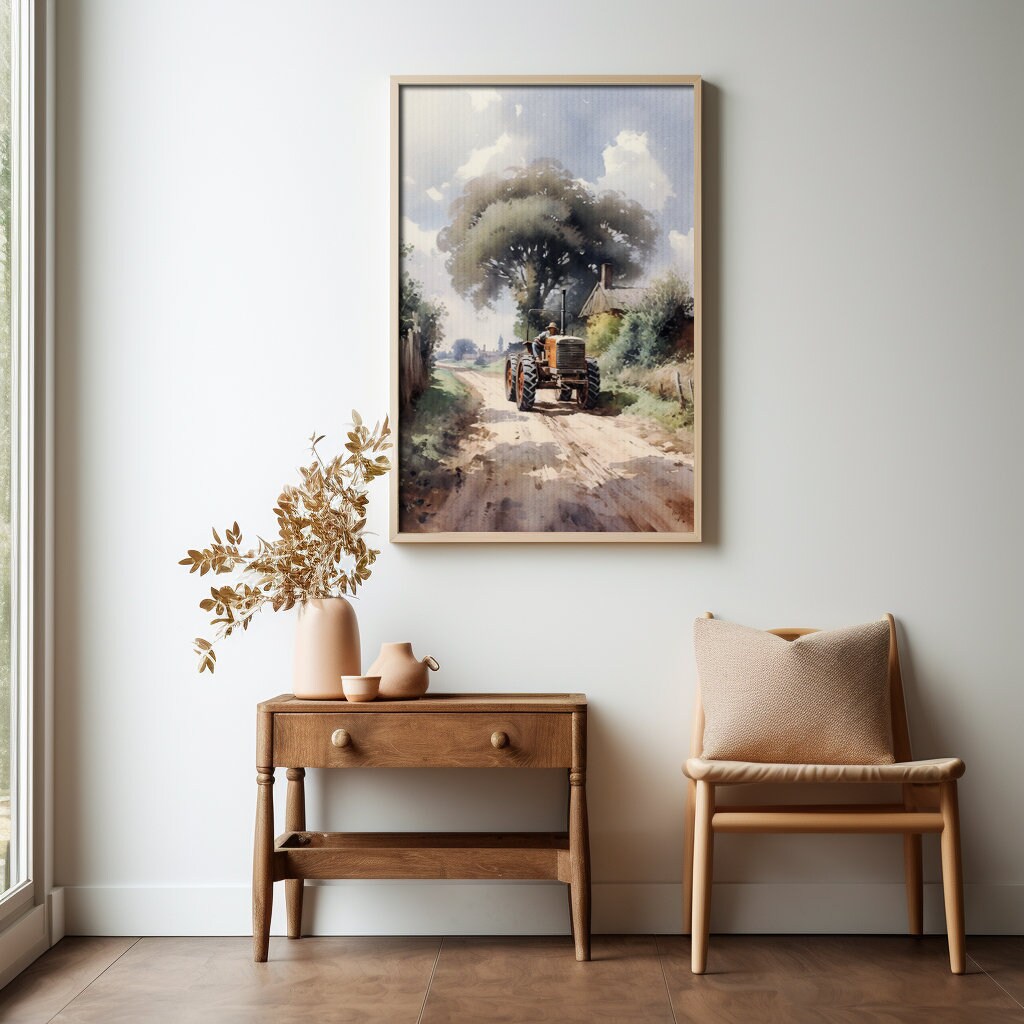 Rustic Tractor Watercolor Painting, Vintage Farm Road Art, Country ...