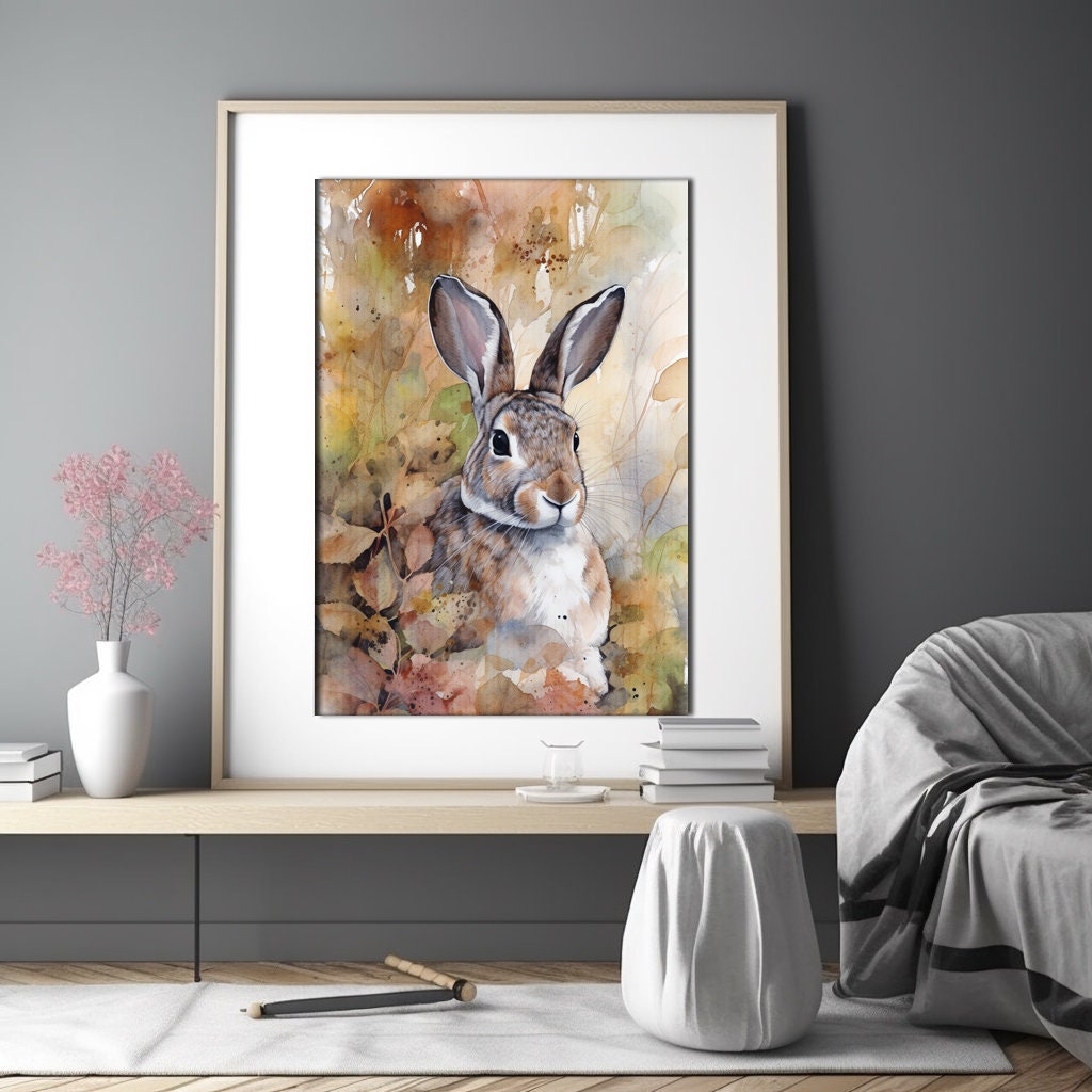 Rabbit Watercolor Art Print Decor, Animal Painting for Kids Room, Bunny ...