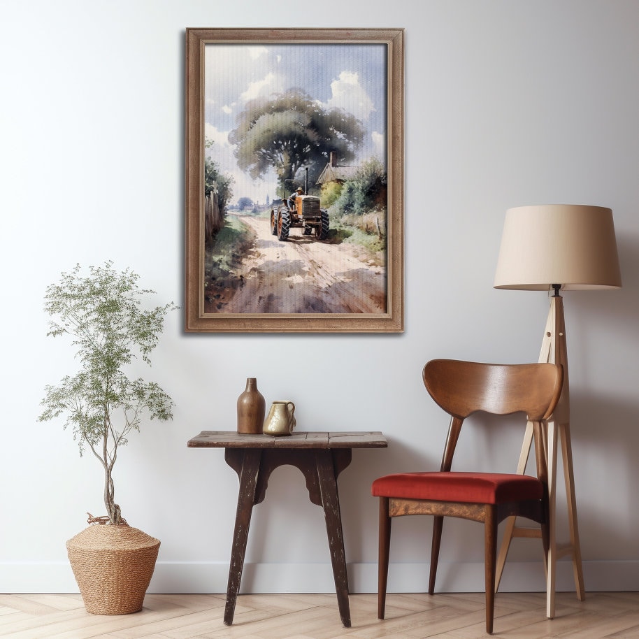 Rustic Tractor Watercolor Painting, Vintage Farm Road Art, Country ...