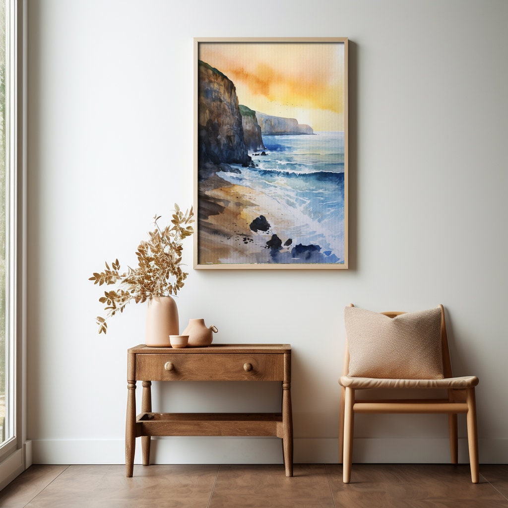 Sunset at the Cliffs Watercolor, Beach Life Art, Cliffs Painting for ...
