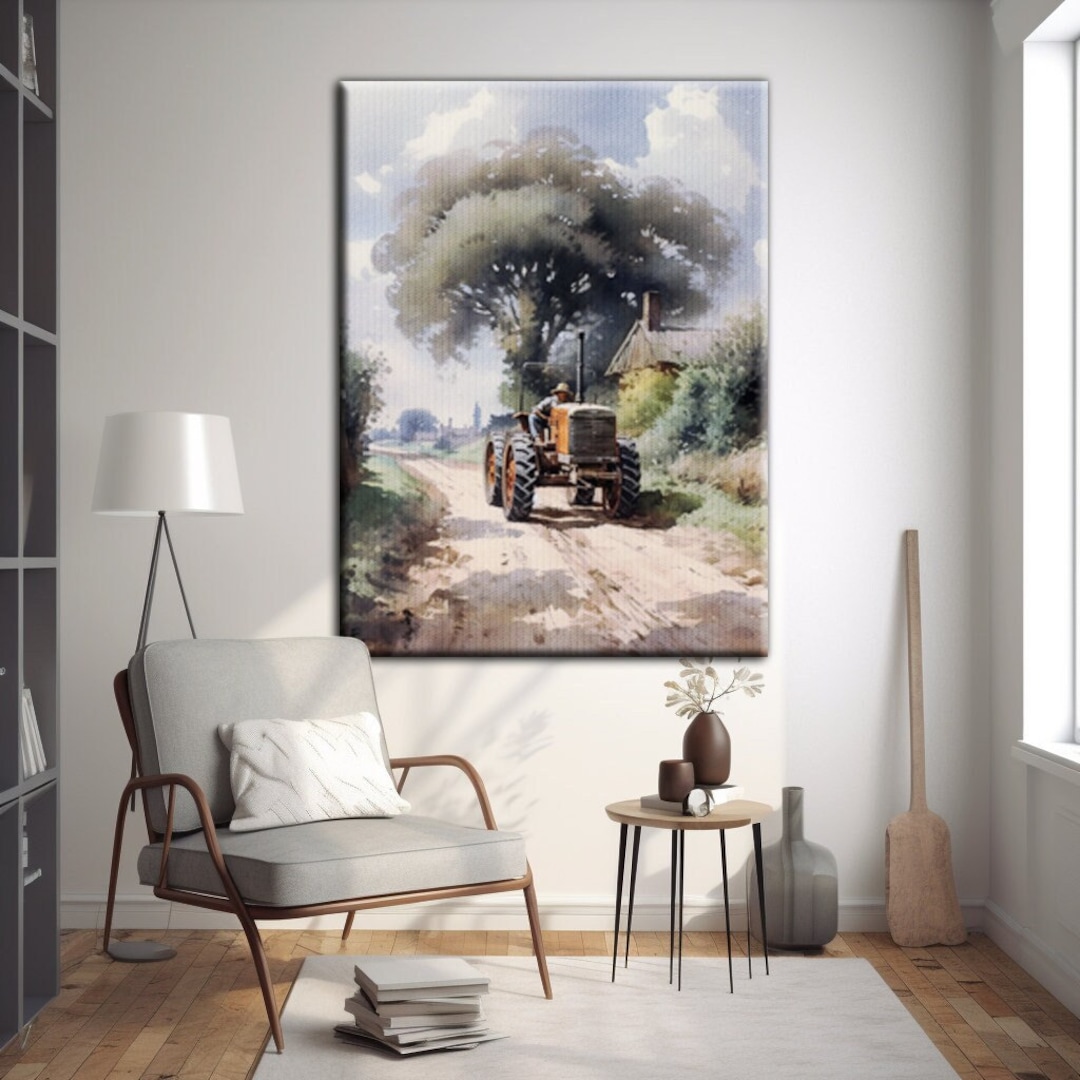 Canvas - Rustic Tractor Watercolor Painting, Vintage Farm Road Art ...