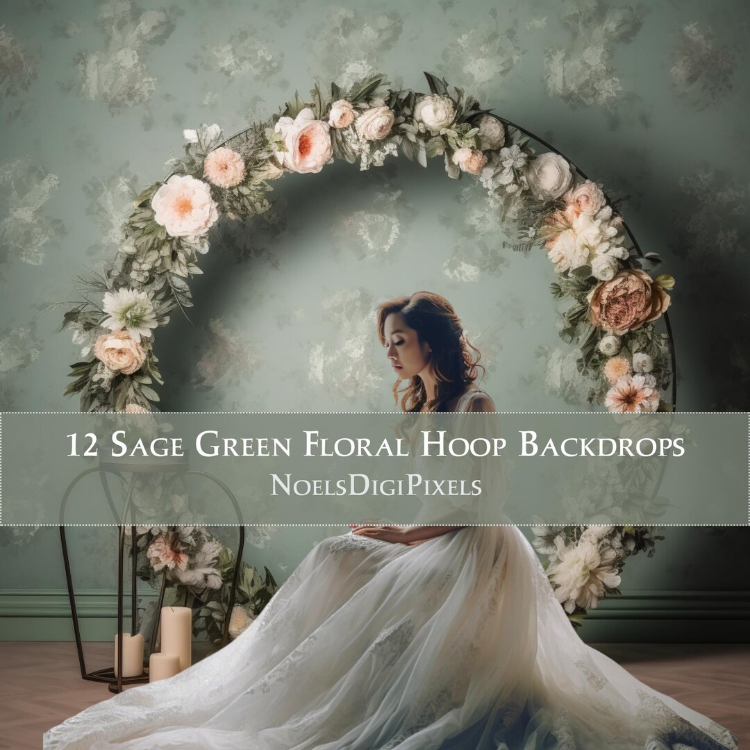 12 Sage Green Floral Hoop Backdrops Digital Backdrop Maternity Backdrop ...