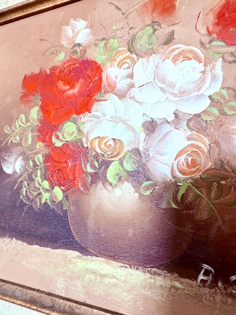 Vintage Oil Painting Red Rose – Flower Still Life, Signed, Ornate Frame ...