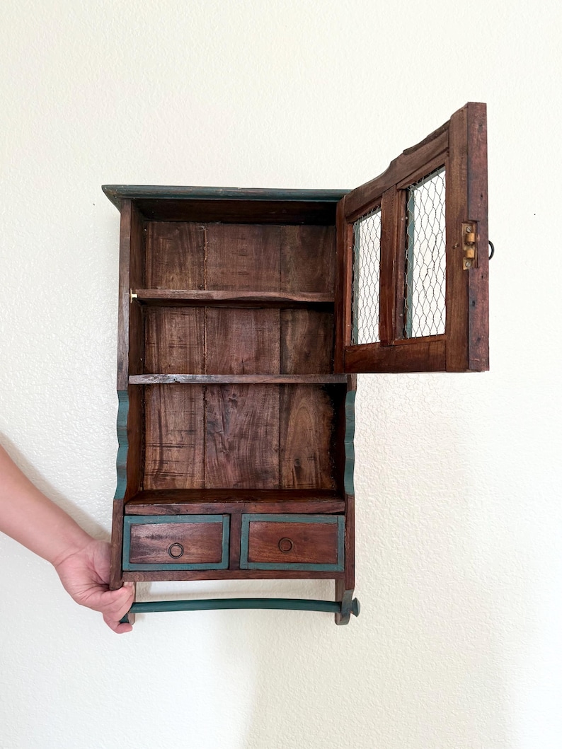 Primitive Wood Wall Cabinet | Rustic Farmhouse Cupboard With Wire Doors ...