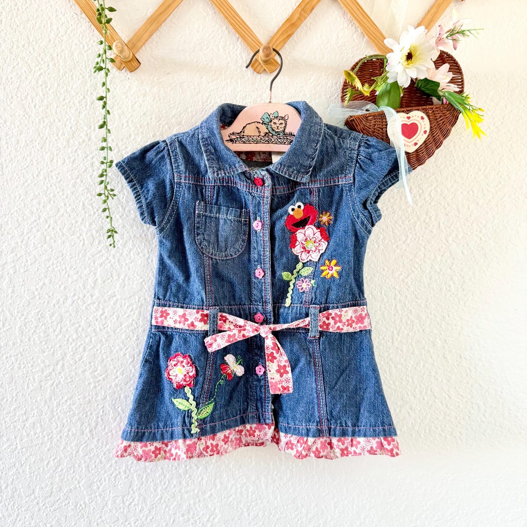 Vintage Sesame Street Elmo Girls 3T Denim Dress Embroidered Y2K - Etsy