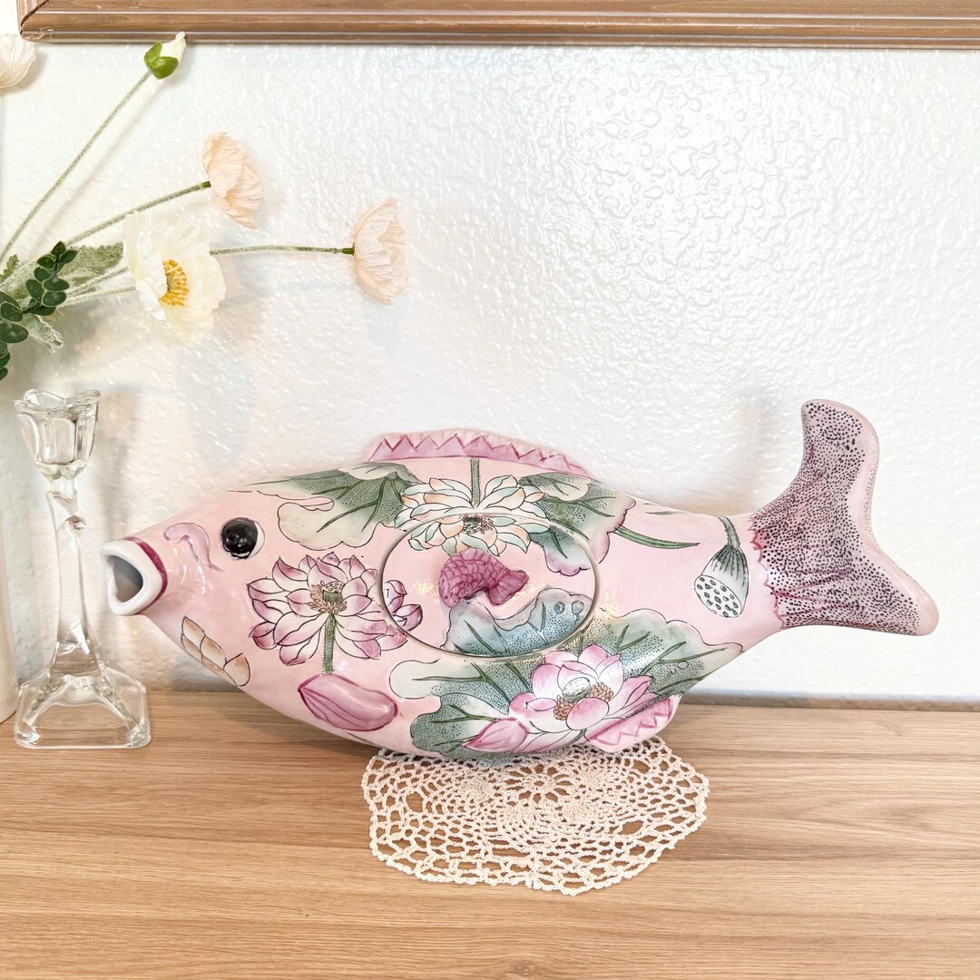 Pink Koi Fish Ceramic Teapot – Asian Decorative Teapot (repaired Lid ...
