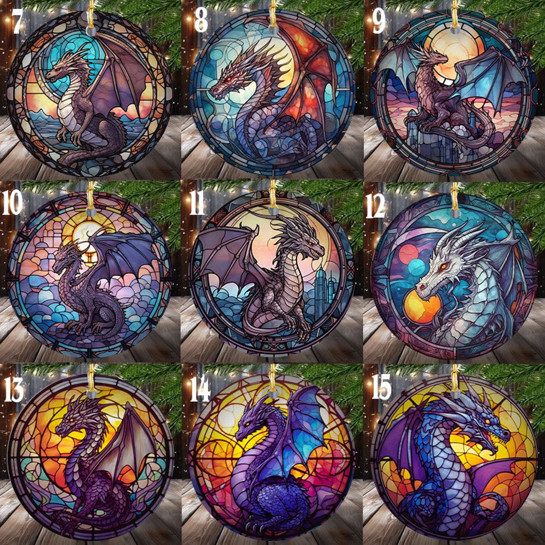 Dragon Christmas Stained Glass Ornament Png Bundle, Dragon Round ...