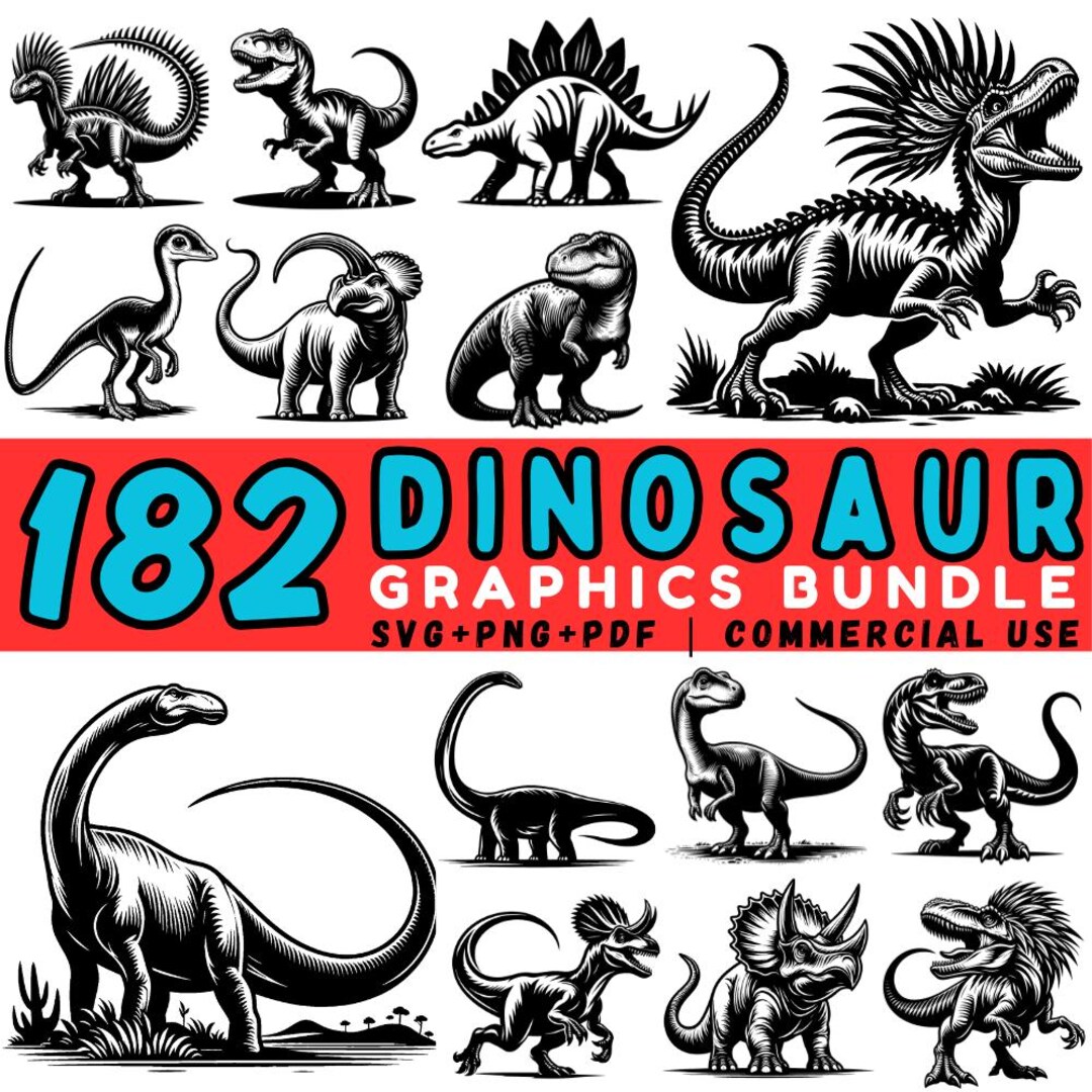 182 Dinosaur SVG Bundle: Cute T-rex, Triceratops and Stegosaurus Cut ...
