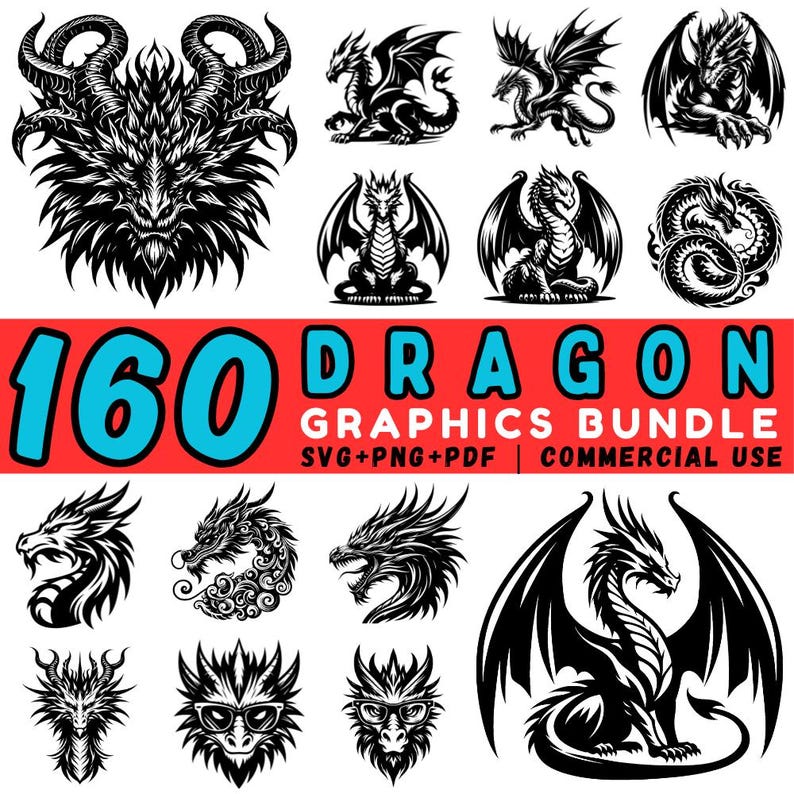 160 Dragon Laser Engraving SVG Bundle: Mythical Creature Art, Laser Cut ...