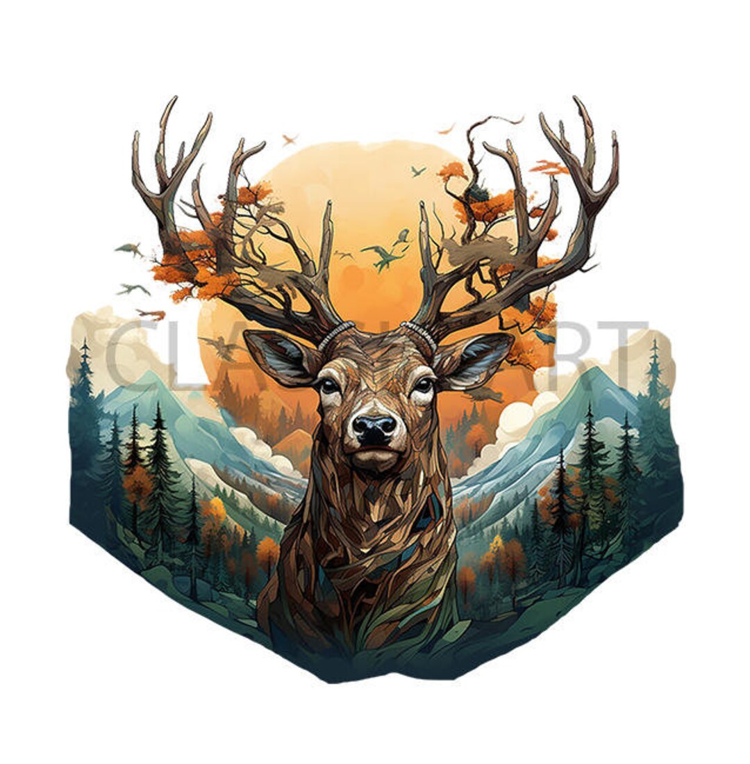 Deer PNG Sublimation File - Head Buck Mix With Tress in Sunset ...