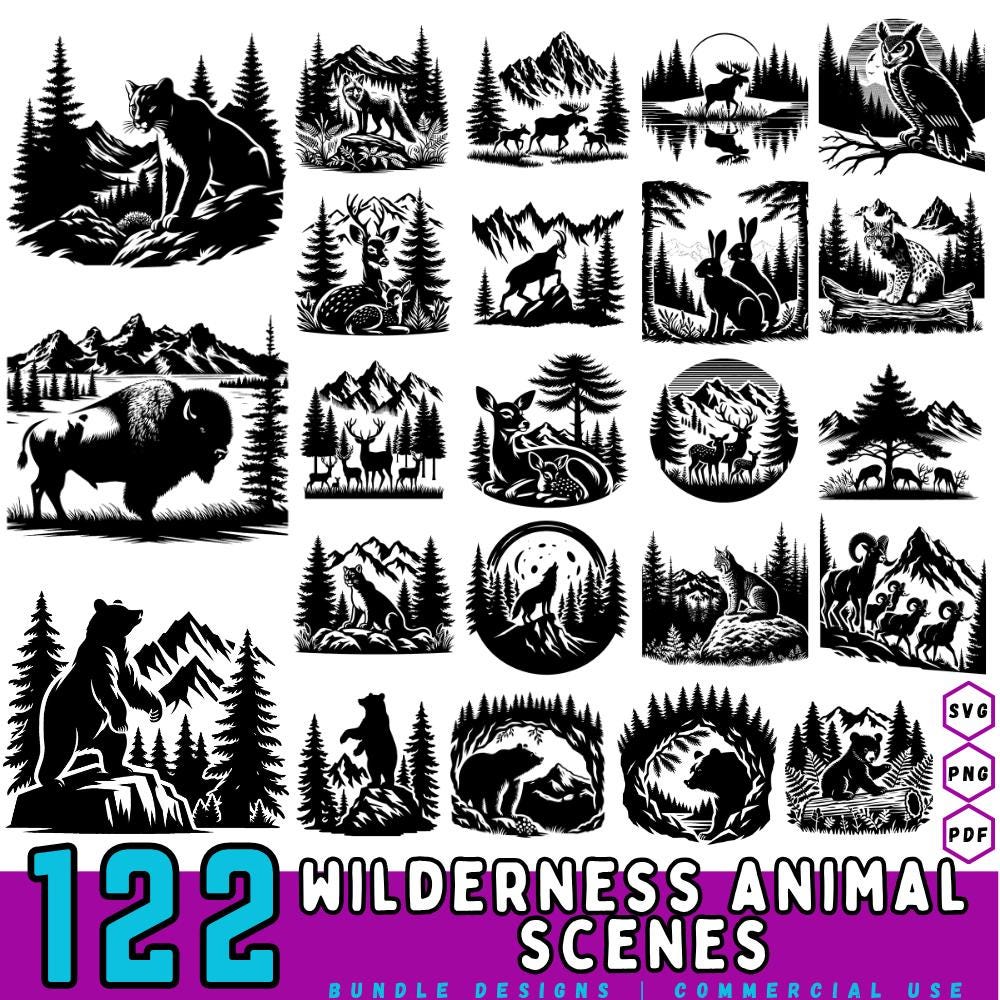 122 Wilderness Animal Scene SVG Bundle: Forest Silhouette Clipart, Deer ...