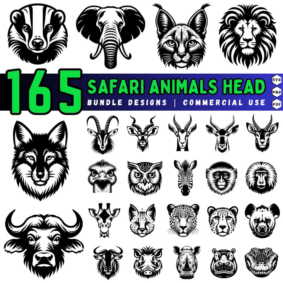 165 Safari Animal Head SVG Bundle: Jungle Wildlife Portrait Clipart ...