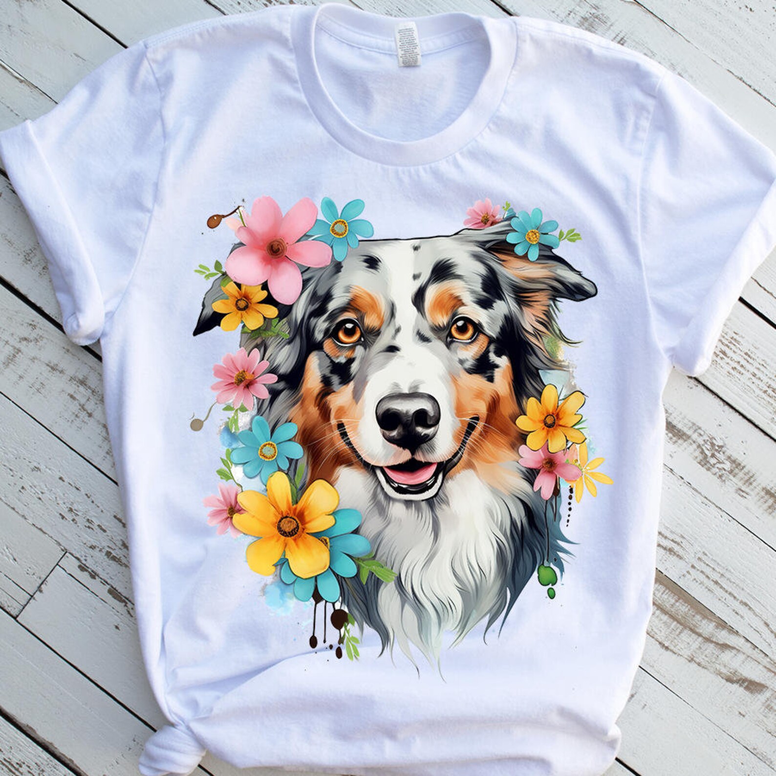Australian Shepherd PNG Sublimation File Australian Shepherd Dog With Flowers Artsy Instant ...