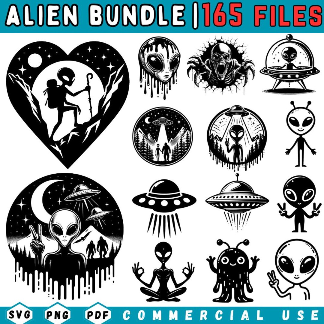166 Alien SVG Bundle: UFO Clipart, Extraterrestrial Silhouette, Space ...