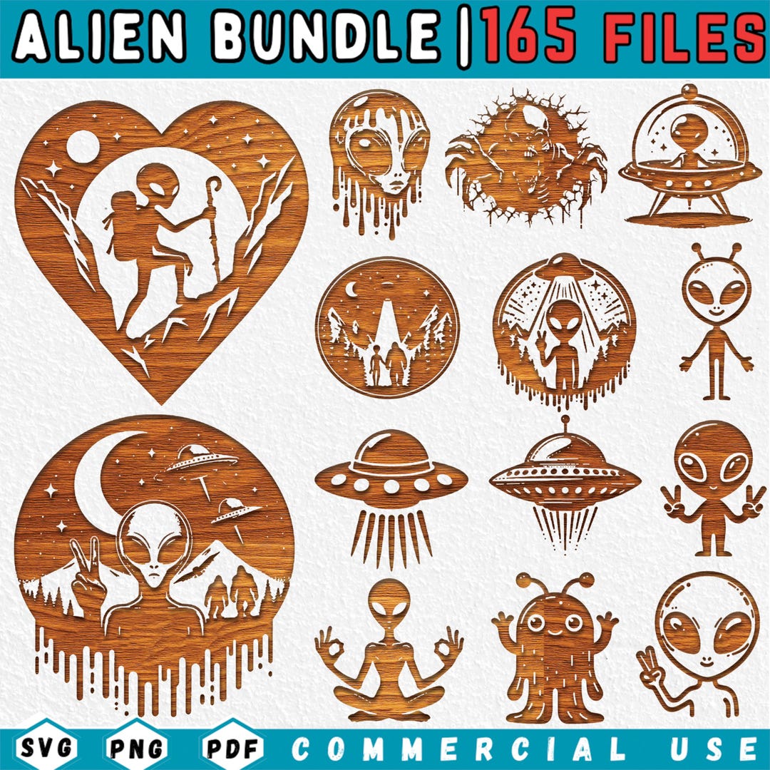 166 Alien Laser Engraving SVG Bundle: UFO, Extraterrestrial Silhouettes ...