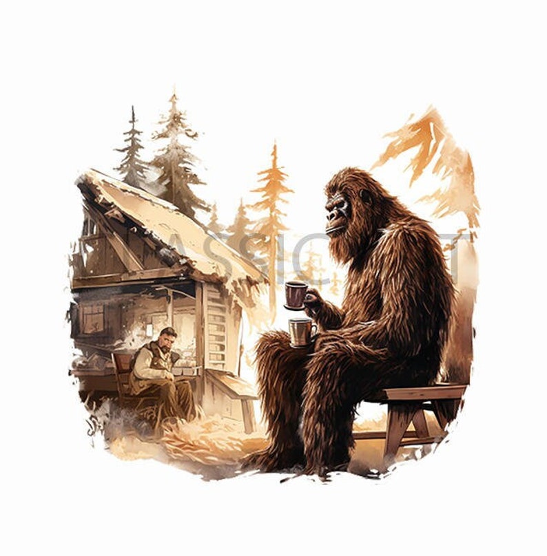 Bigfoot PNG Sublimation File Bigfoot Drinking Coffee in Cabin ...