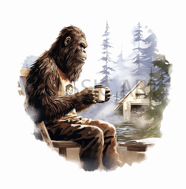 Bigfoot PNG Sublimation File Bigfoot Drinking Coffee in Cabin Instant ...