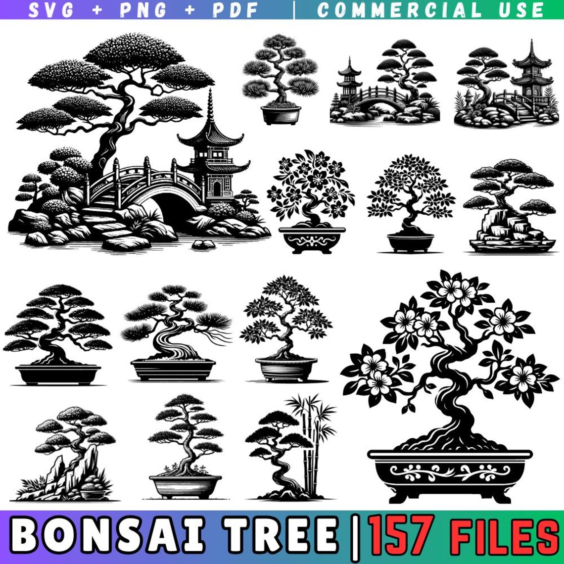 Bonsai Tree SVG Bundle | 157 Japanese Silhouette Designs (digital ...