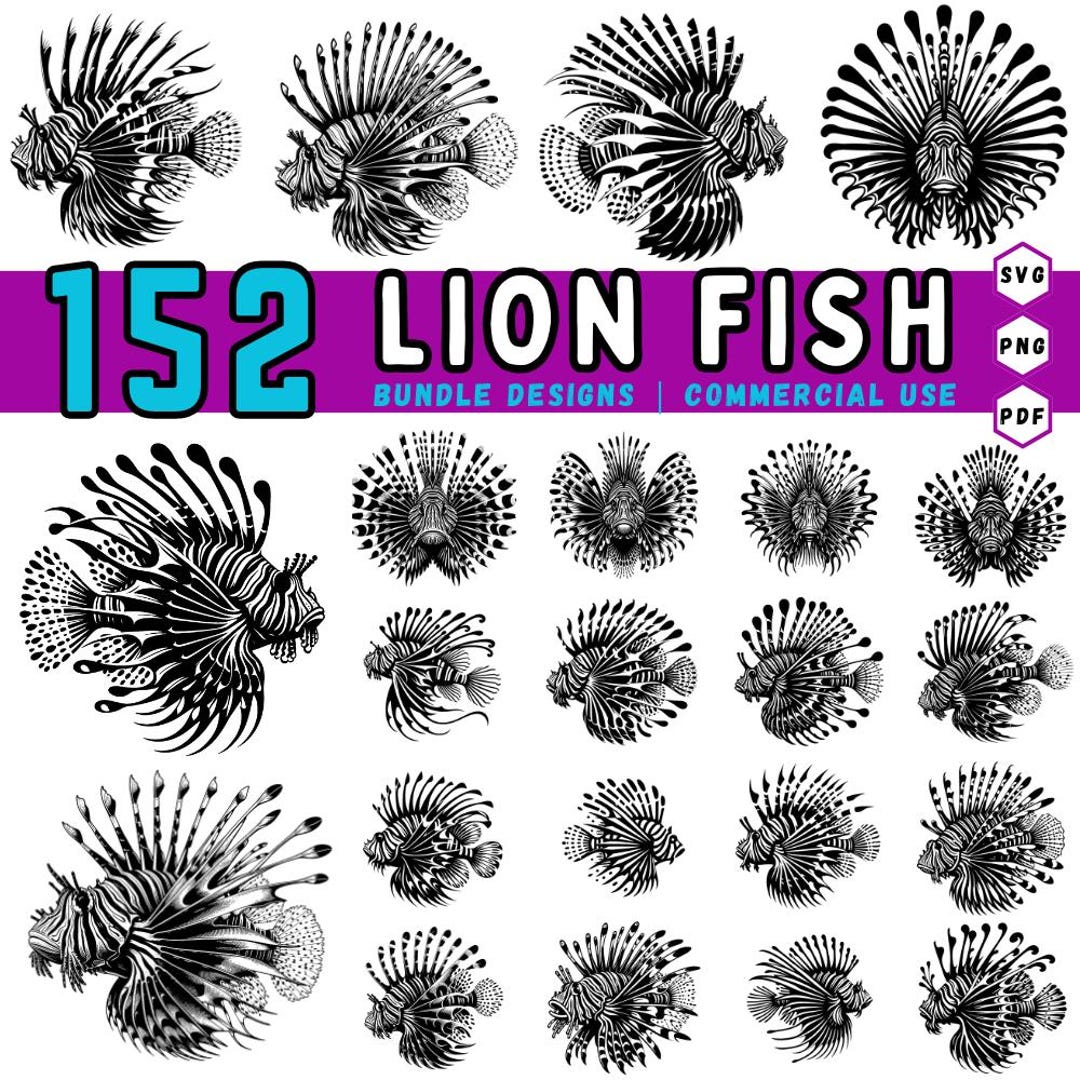 152 Lionfish SVG Bundle: Tropical Ocean Clipart, Exotic Fish Outline ...