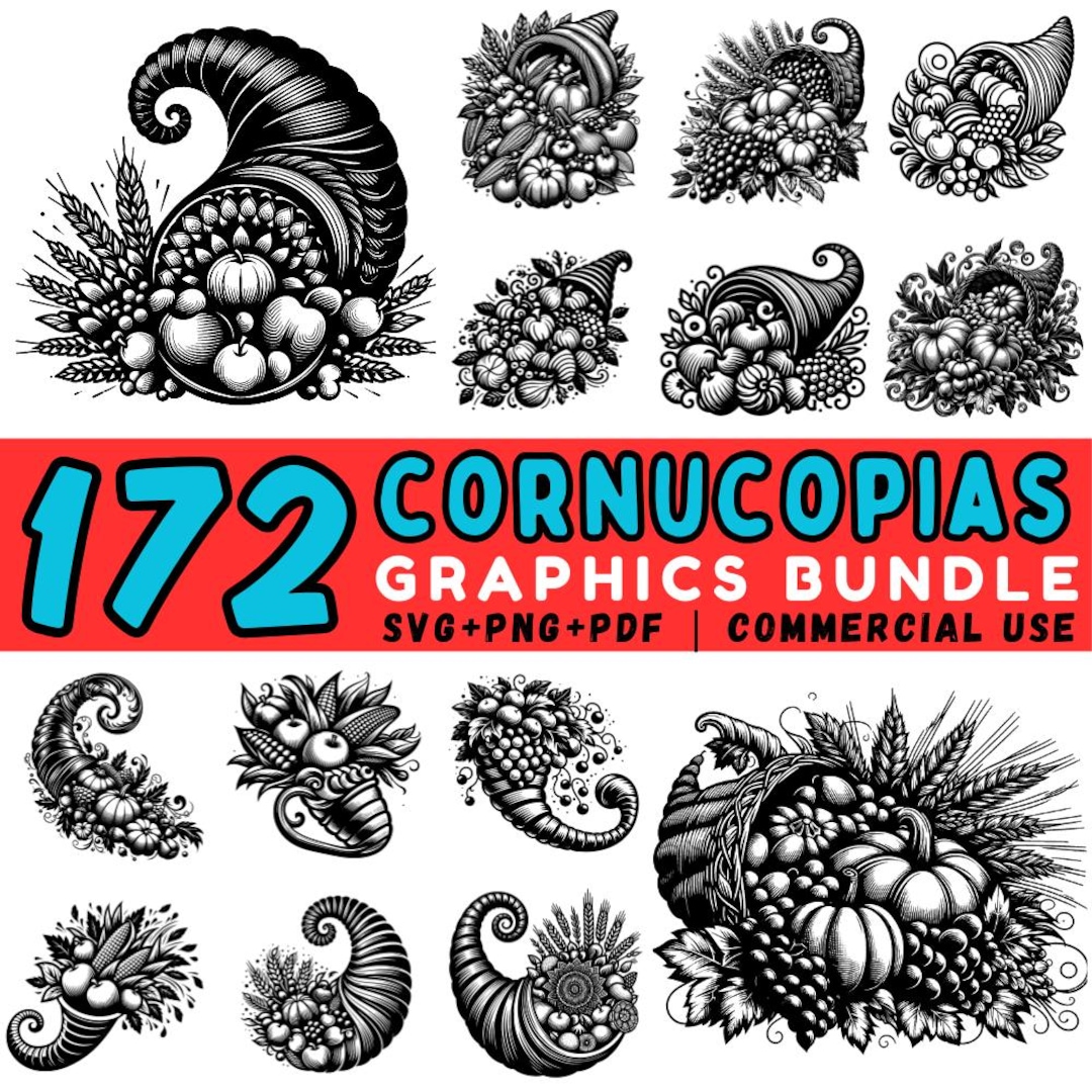 172 Cornucopia SVG Bundle: Harvest Horn Clipart, Fall Abundance Cut ...