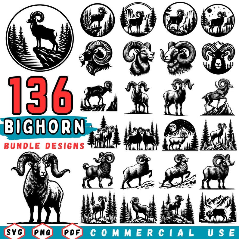 136 Bighorn Svg Bundle | Ram Svg Dxf Png Eps | Mountain Sheep Hunting Silhouette Clipart ...
