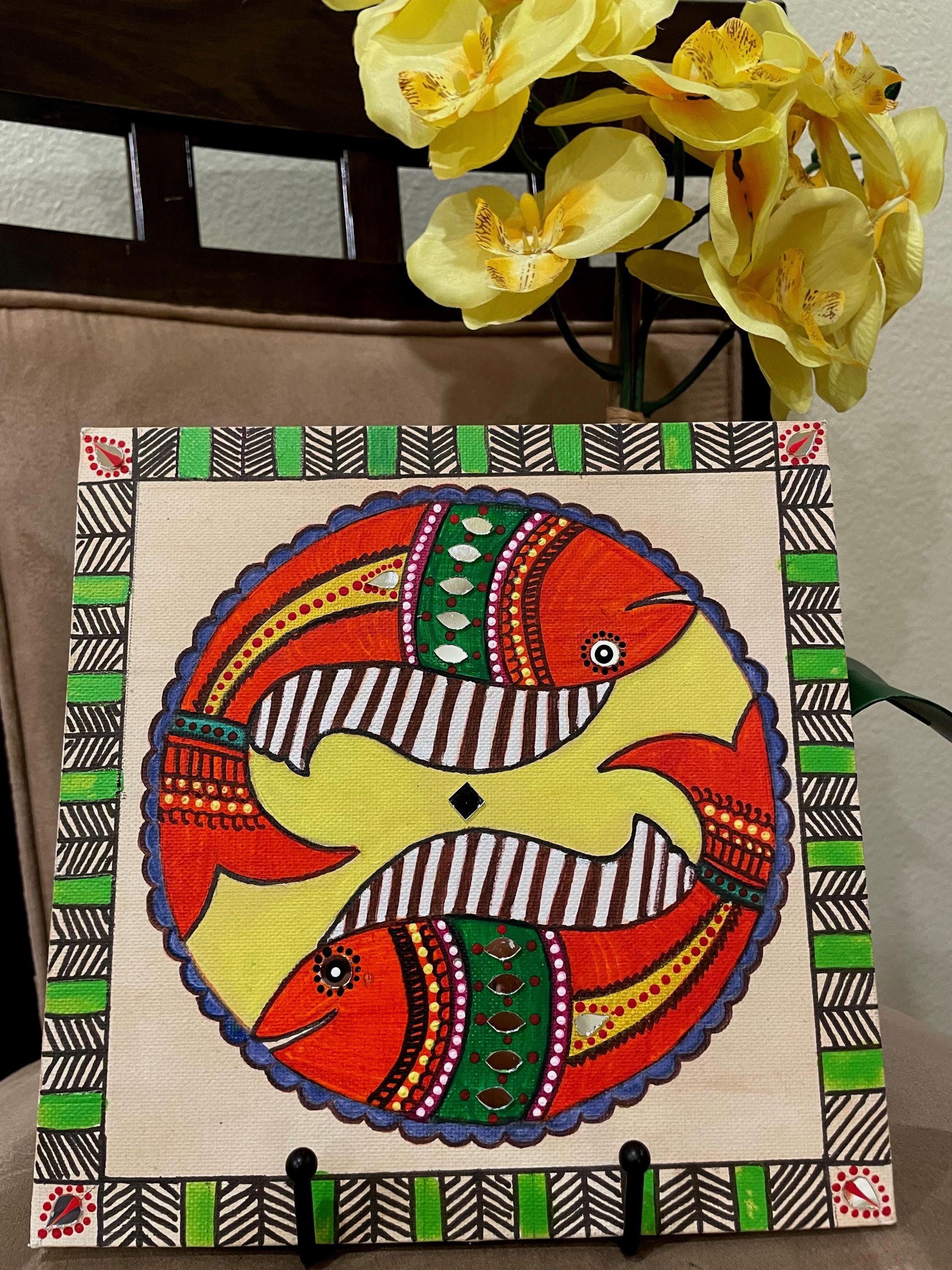 8x8" Hand-painted Madhubani Painting| Square Canvas Wall Art | Mirror Accents | Indian ...