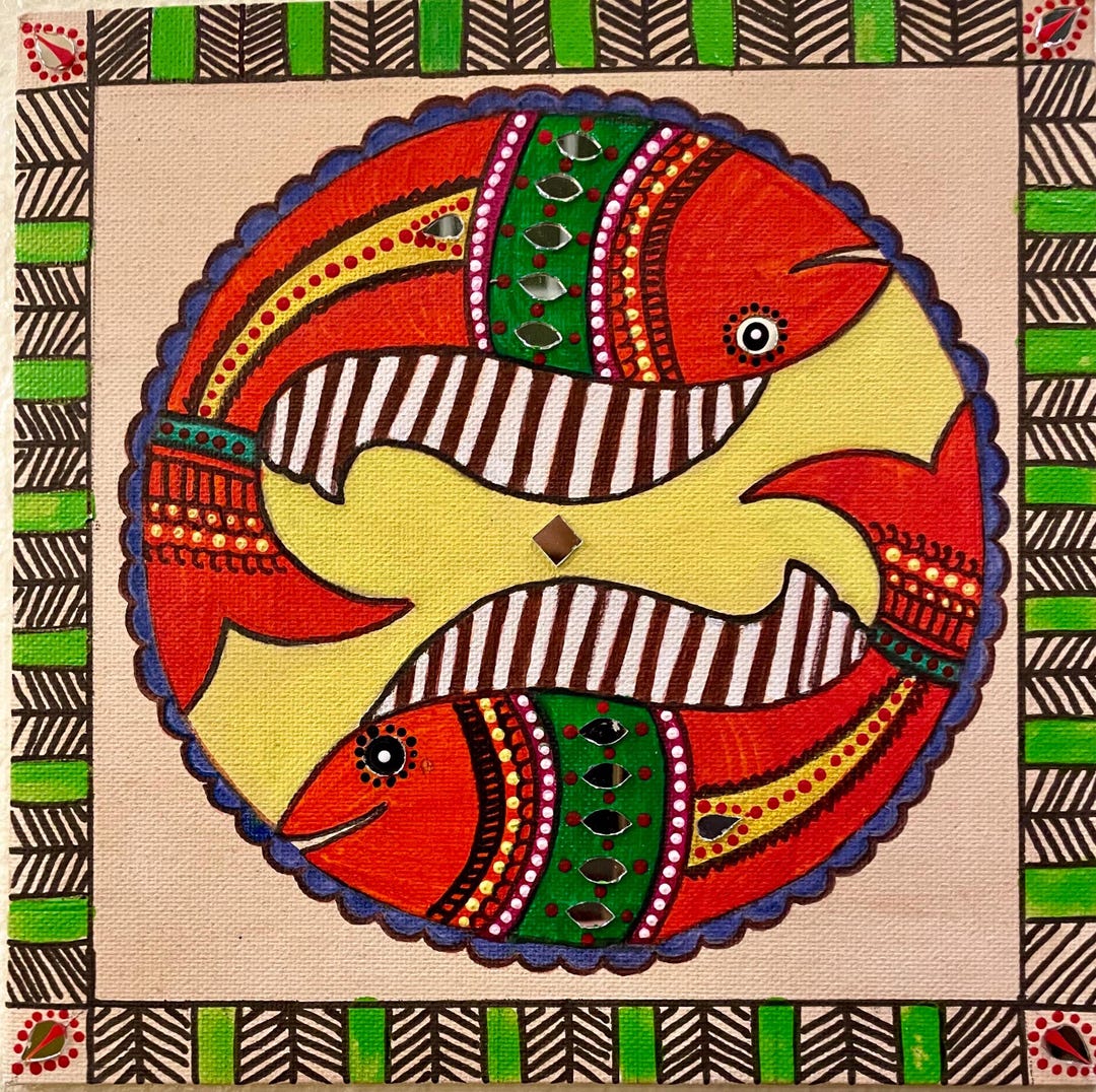 8x8" Hand-painted Madhubani Painting| Square Canvas Wall Art | Mirror Accents | Indian ...