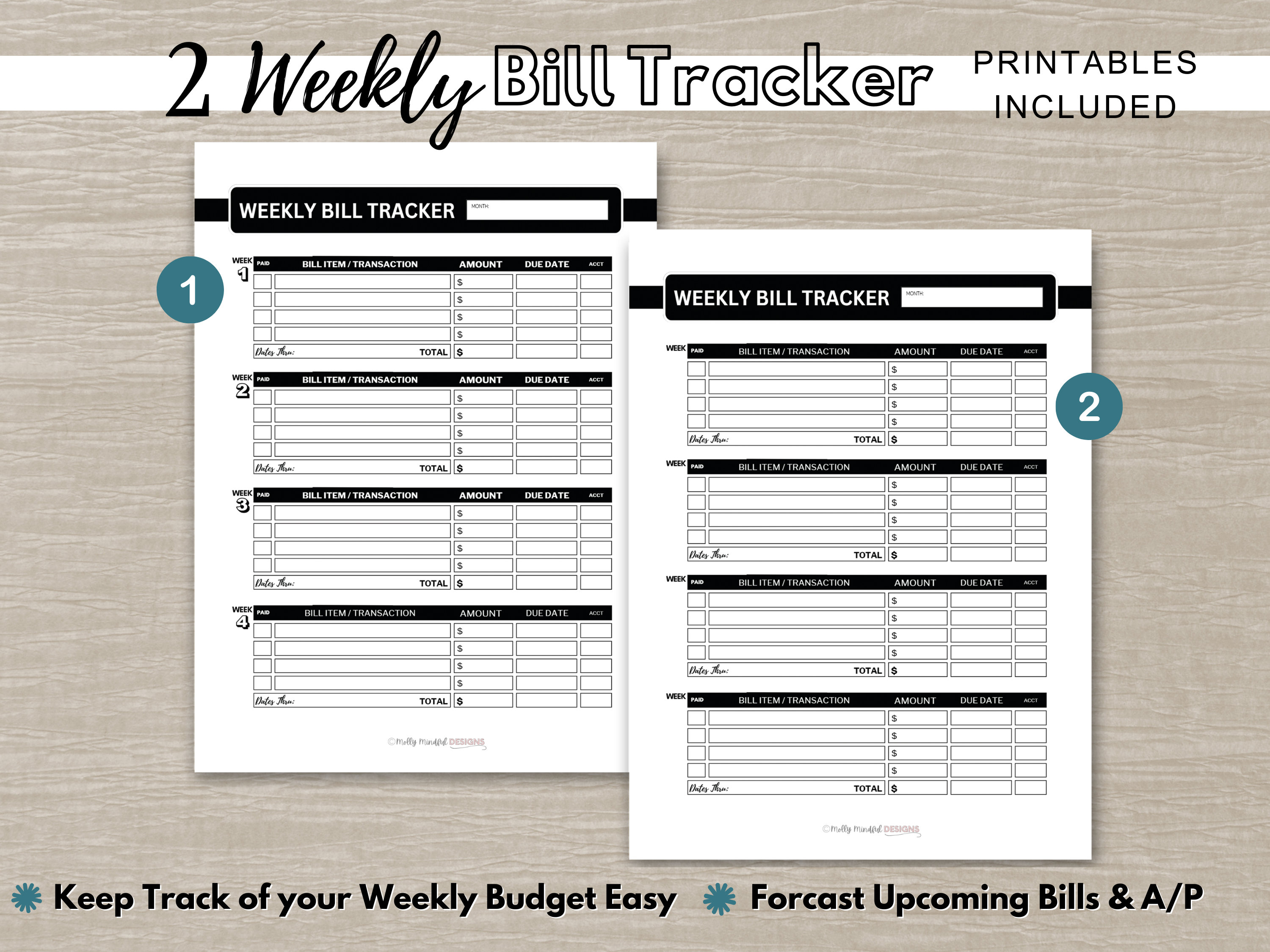 Editable Weekly Bill Tracker, Bill and Expense Tracker, Financial ...
