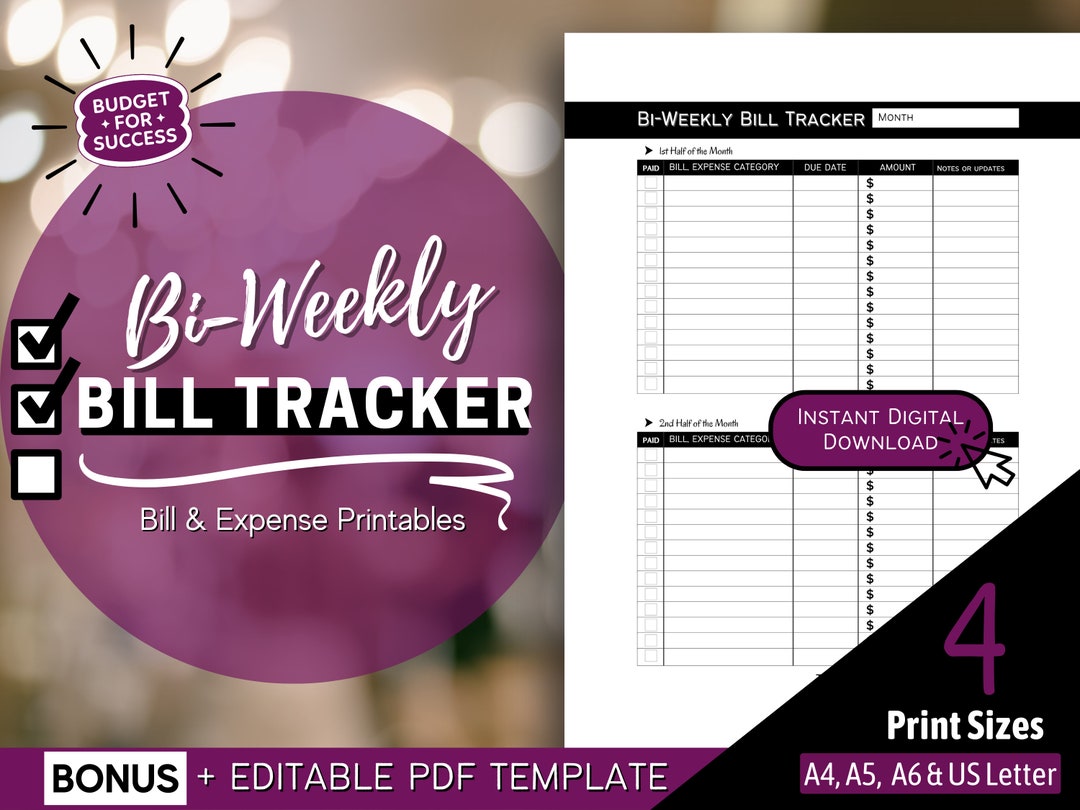 Bi-weekly Bill Tracker, Editable Bill Planner, Printable Budget ...