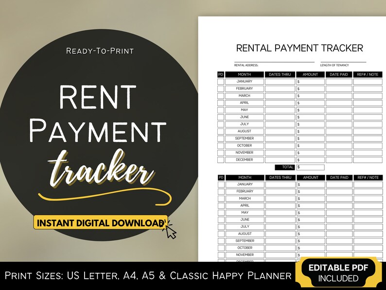 Editable Rent Tracker, Personal Planner, Monthly Rental Payment, Rental ...