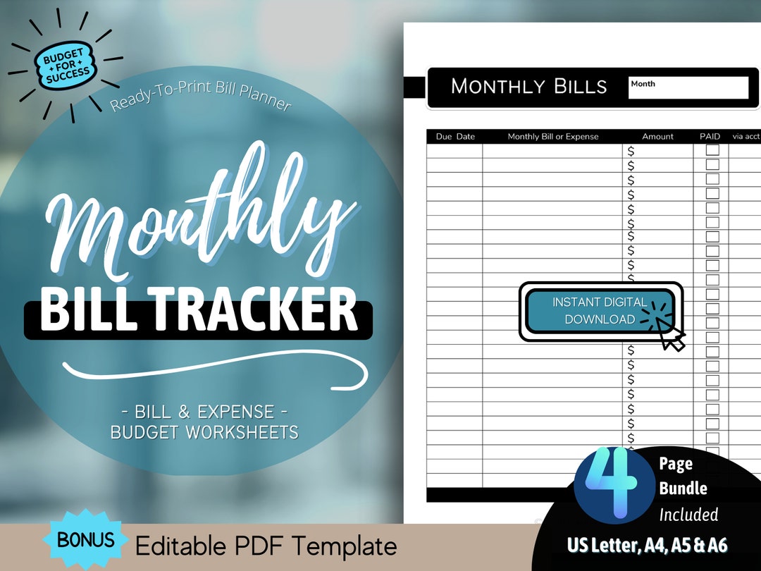 Editable Monthly Bill Tracker, Budget Planner Printable, Bill Expense ...